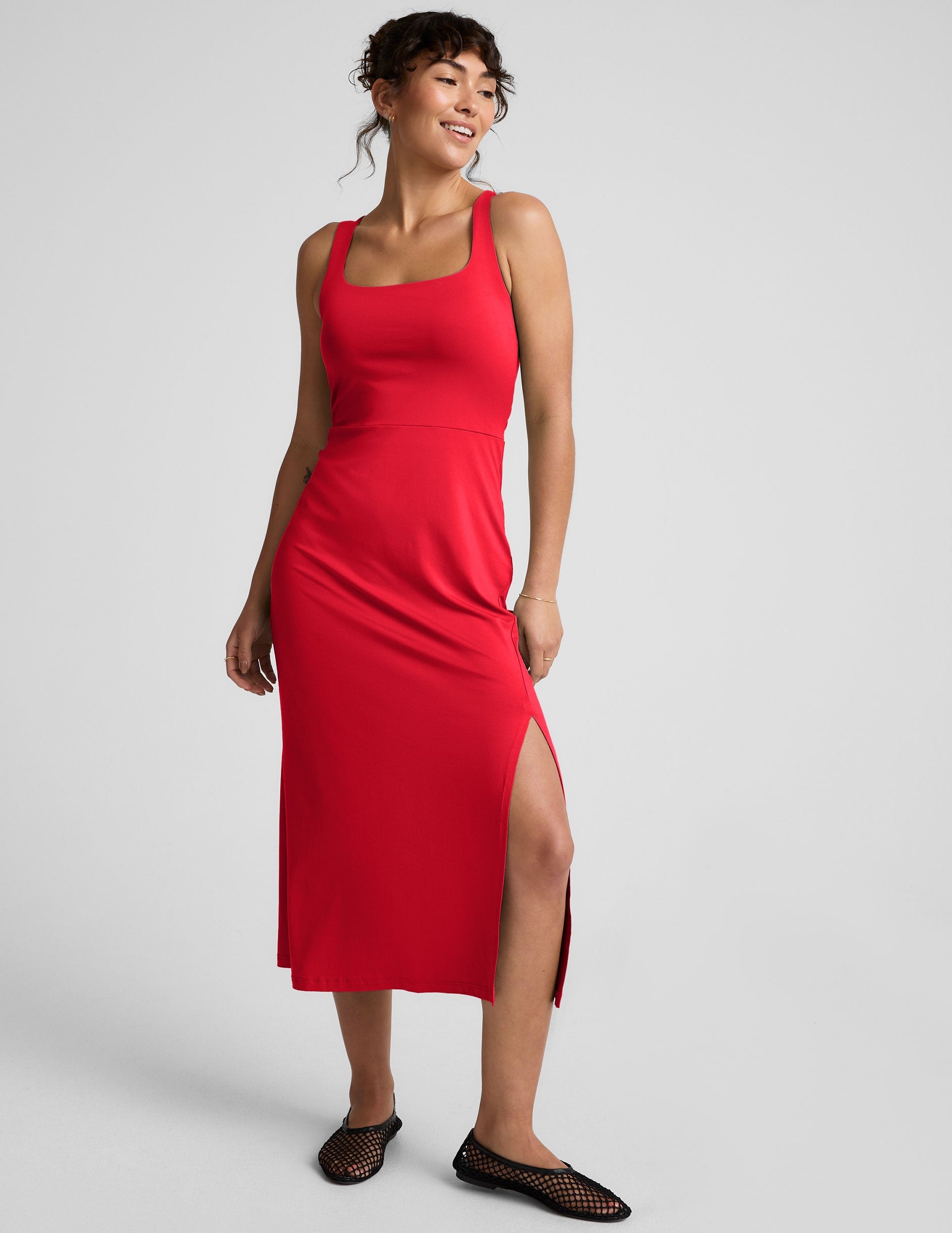 Candy Apple Red Square Neck Midi Dress with Elegant Side Slit – Bayoundyoga